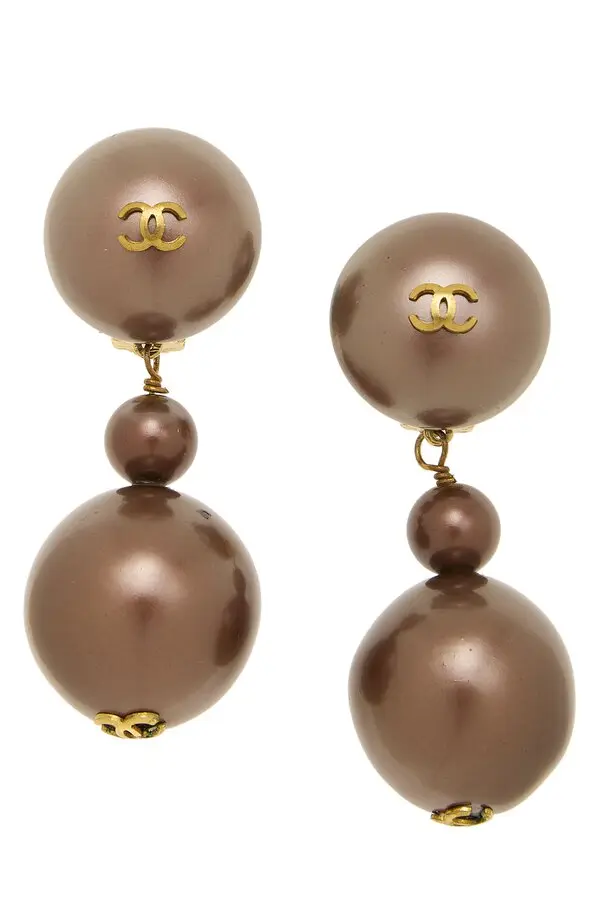 Chanel Tone Faux Pearl Clip-on Dangle Earrings - Brown