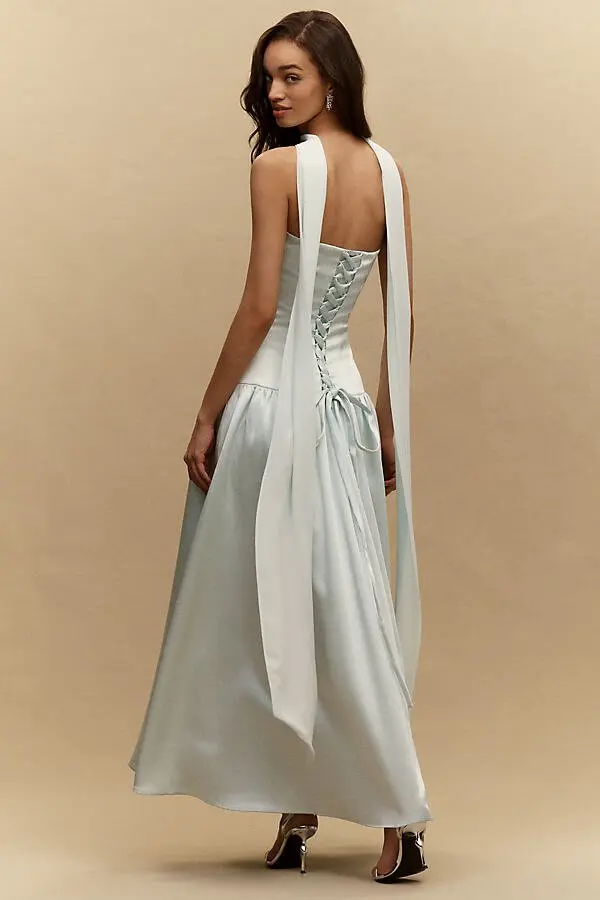 Bhldn Anna Drop-Waist Stretch Satin Maxi Dress - Mint | Editorialist
