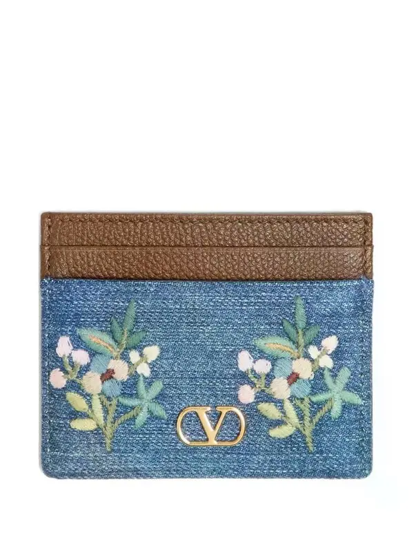 Valentino Garavani Vlogo Signature Card Holder In Denim With Floral Embroidery - Brown
