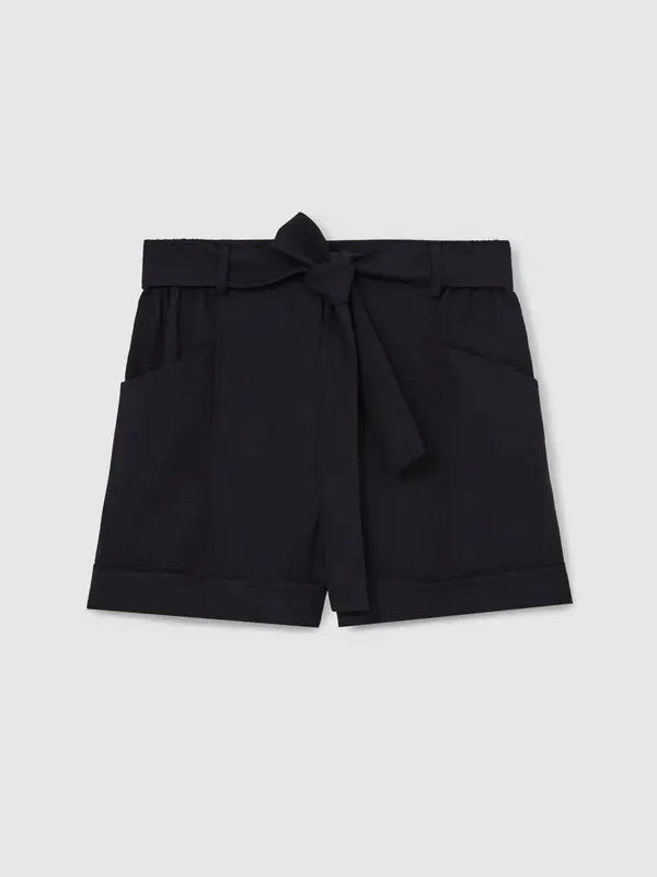 REISS Belted Button-tab Shorts - Navy