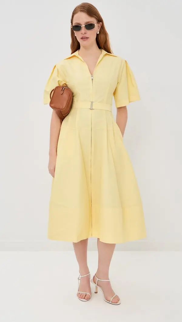 knee length dresses for ladies Butter Yellow Linen Button-Front Dress With Ruffled Neckline
