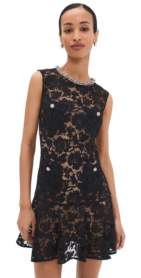 SELF-PORTRAIT Lace Mini Dress With Crystal Accents - Black