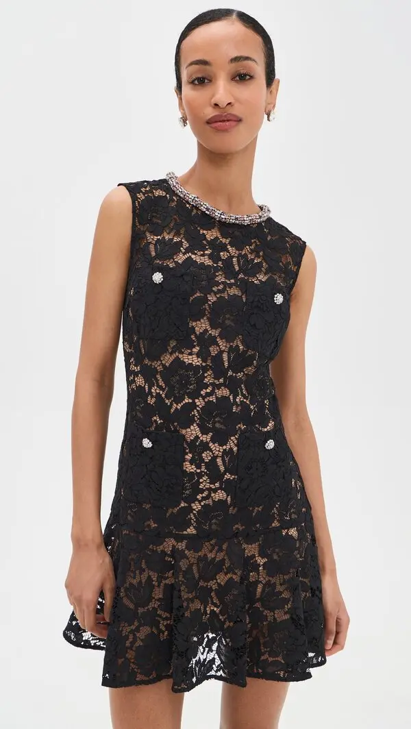 SELF-PORTRAIT Lace Mini Dress With Crystal Accents - Black