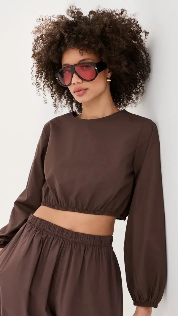 LE BOP Lillian Cropped Blouse - Brown