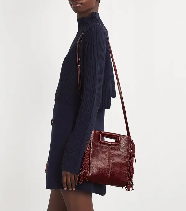 Maje Cracked Leather Fringed M Bag - Red