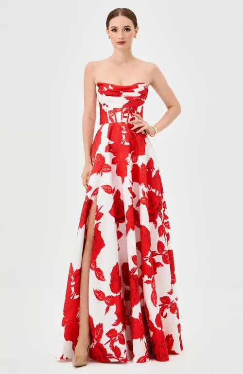 BARIANO Virginia Corset Strapless Gown - Red Print
