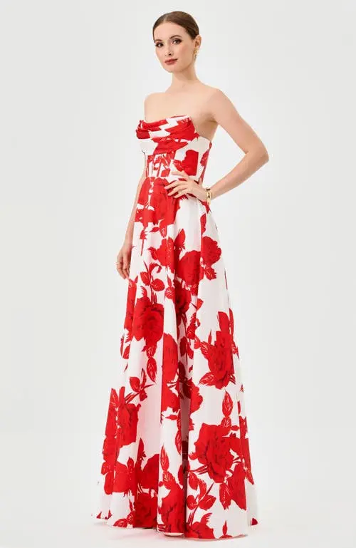 BARIANO Virginia Corset Strapless Gown - Red Print