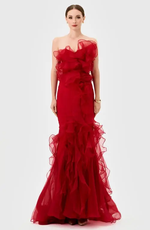 BARIANO Zita Strapless Ruffle Gown - Red