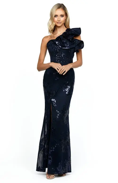 BARIANO Jessie One Shoulder Gown - Navy