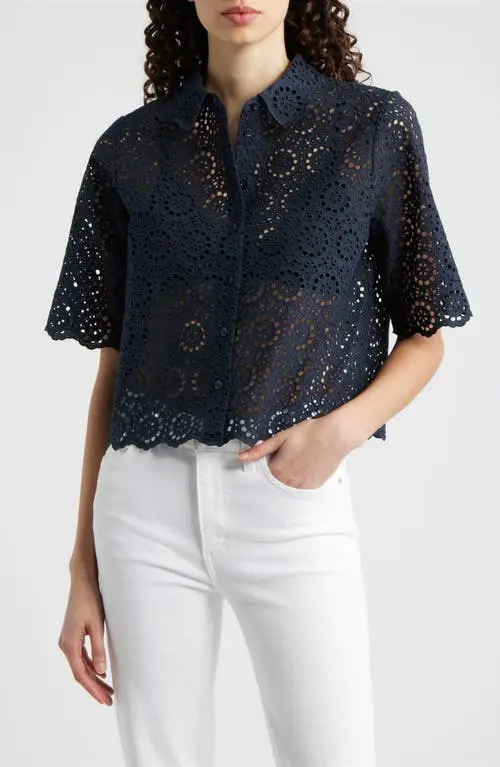FRAME The Petal Eyelet Crop Shirt - Navy