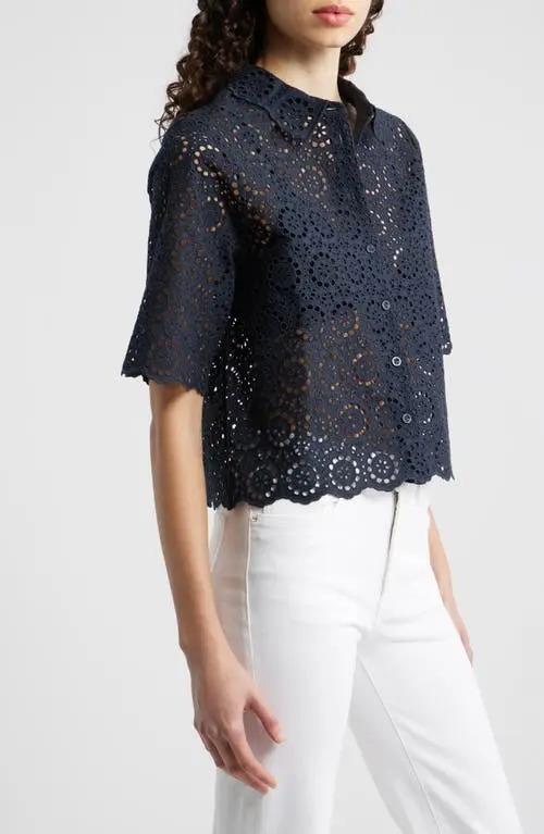 FRAME The Petal Eyelet Crop Shirt - Navy