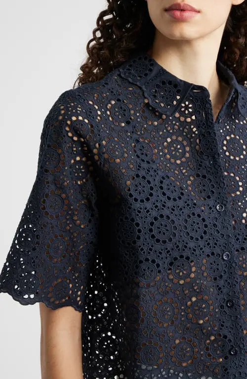 FRAME The Petal Eyelet Crop Shirt - Navy