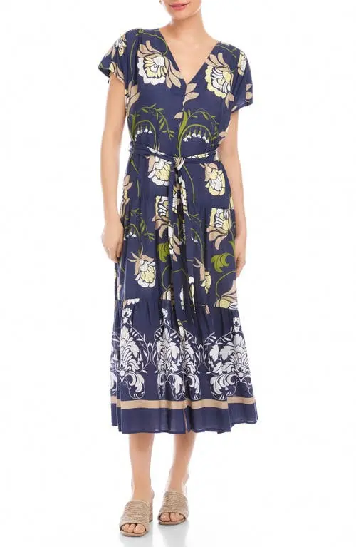 Fifteen Twenty Tiered Tie Waist Midi Dress - Blue Print