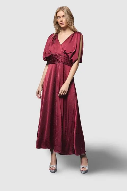 OASIS Ruched Bodice Midi Dress With Hotfix Detail - Wine