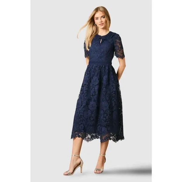 OASIS Lace Collared Midi Dress - Navy