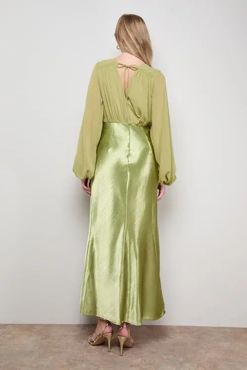 OASIS Satin Chiffon Mix V-neck Midi Dress With Balloon Sleeves