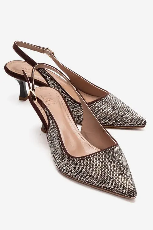 PROLOGUE SHOES Nella Embellished Slingback Pointed Toe Pump - Brown