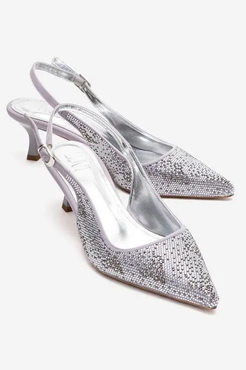 PROLOGUE SHOES Nella Embellished Slingback Pointed Toe Pump - Silver