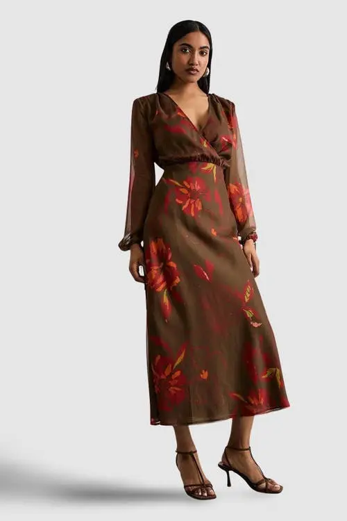 WAREHOUSE Printed V-neck Tie Detail Midi Dress - Brown