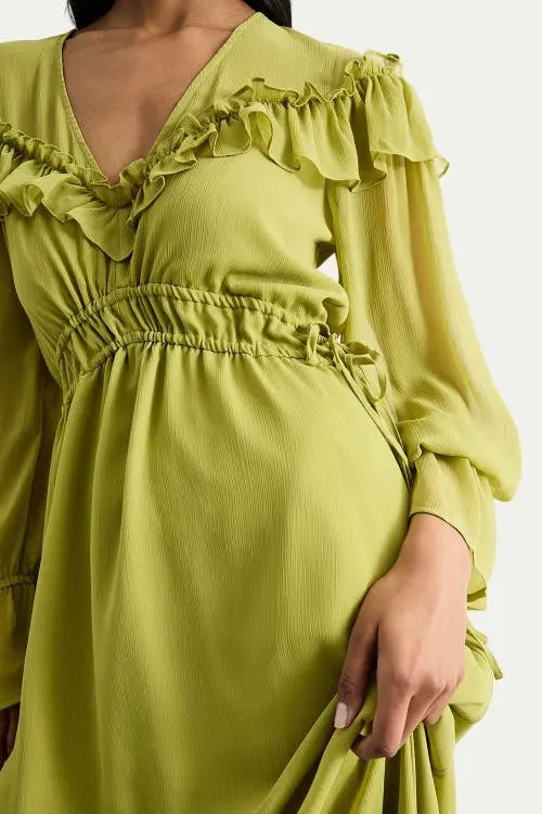 WAREHOUSE Ruffled V-neck Maxi Dress - Chartreuse