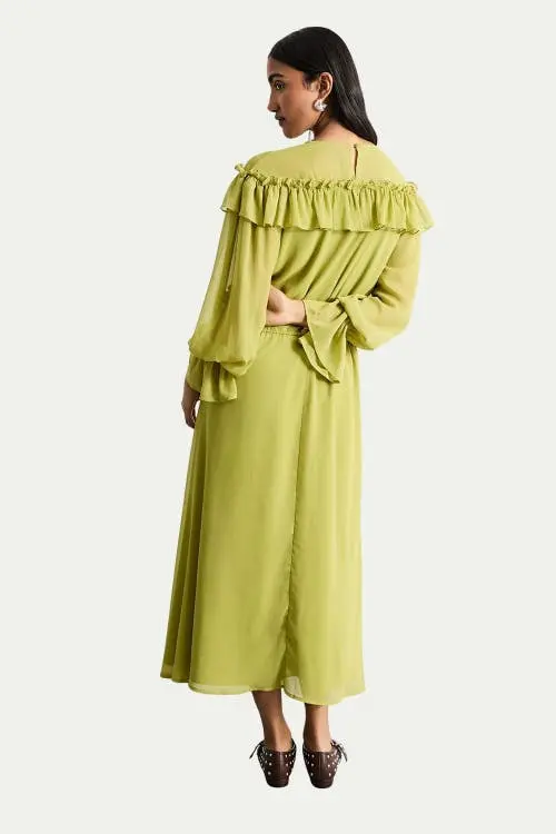 WAREHOUSE Ruffled V-neck Maxi Dress - Chartreuse