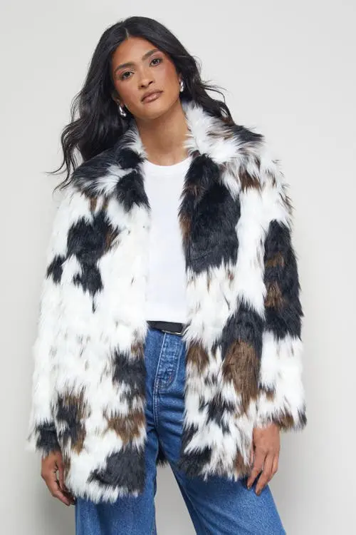 WAREHOUSE Premium Funnel Neck Faux Fur Coat - Mono