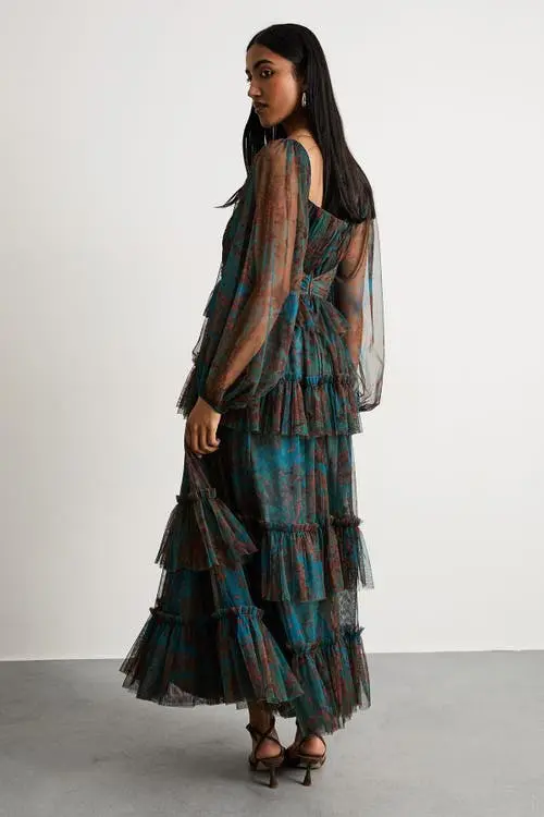 WAREHOUSE Abstract Print Tiered Maxi Dress