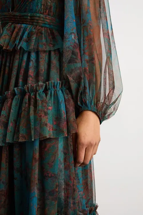 WAREHOUSE Abstract Print Tiered Maxi Dress