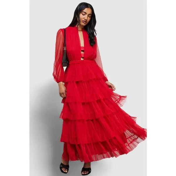 WAREHOUSE Ruffle Neck Tulle Maxi Dress