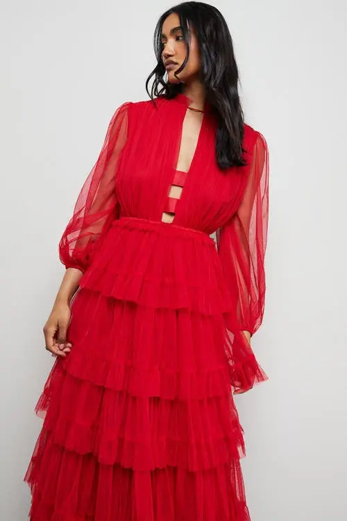 WAREHOUSE Ruffle Neck Tulle Maxi Dress