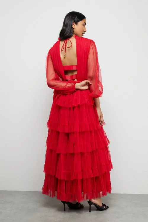 WAREHOUSE Ruffle Neck Tulle Maxi Dress