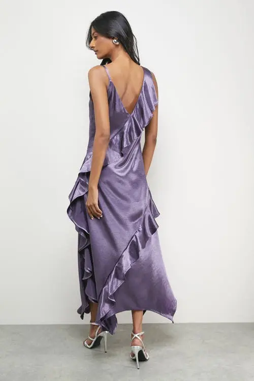 WAREHOUSE Metallic Satin Ruffle Midi Slip Dress