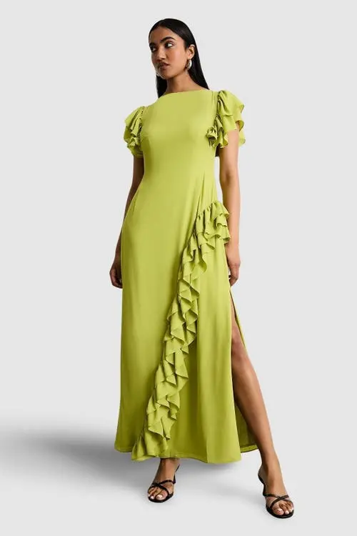 WAREHOUSE Side Split Ruffle Detail Maxi Dress - Lime