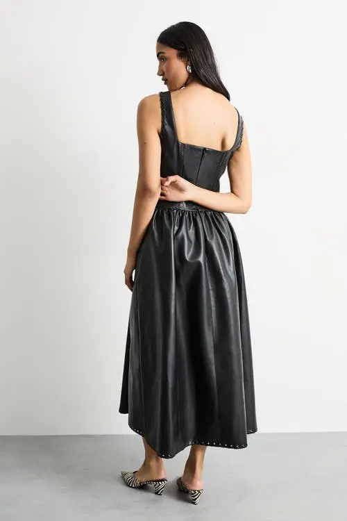 warehouse faux leather dress Oxblood Warehouse Faux Leather Whipstitch Detail Sleeveless Midi Dress