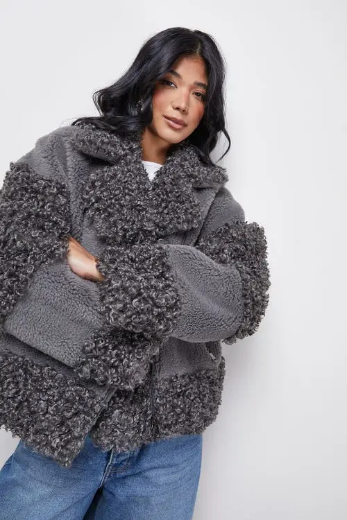 WAREHOUSE Faux Fur Mix Zip Through Jacket - Grey