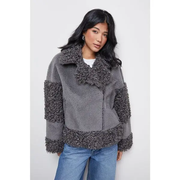 WAREHOUSE Faux Fur Mix Zip Through Jacket - Grey