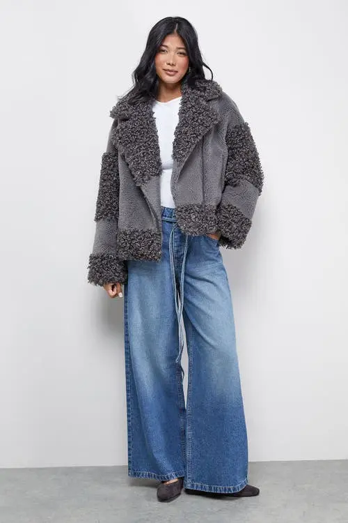 WAREHOUSE Faux Fur Mix Zip Through Jacket - Grey