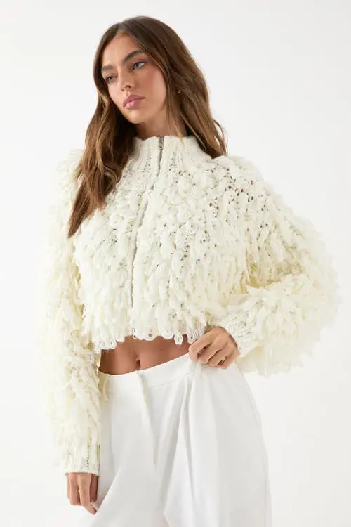 MISSPAP Zip Up Fringe Loop Cardigan