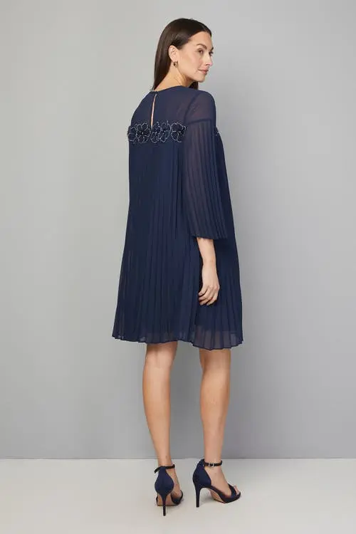 WALLIS Pleated Floral Trim Shift Dress - Navy