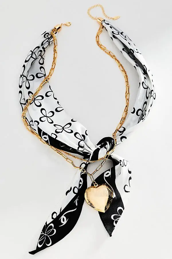 Maeve Logo Silk Scarf Necklace - Black
