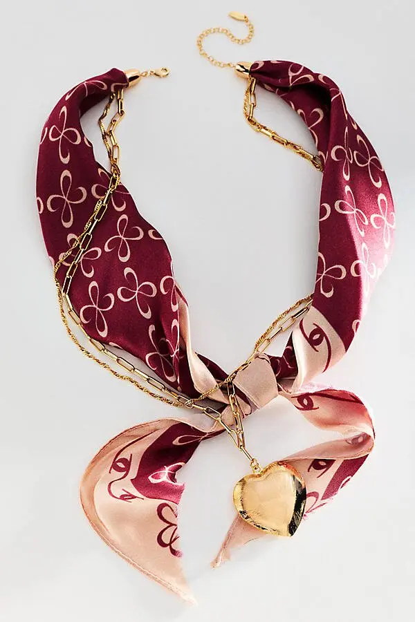 Maeve Logo Silk Scarf Necklace - Wine/pink