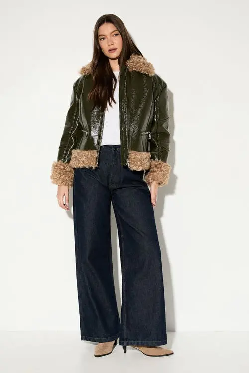 MISSPAP Faux Fur Collar Aviator Jacket