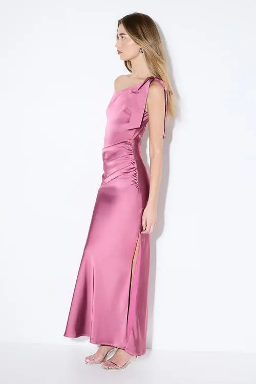 MISSPAP Asymmetrical Bow Detail One Shoulder Maxi Dress - Berry