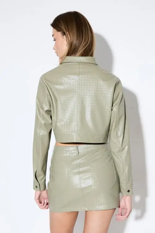 MISSPAP Woven Detail Faux Leather Cropped Jacket