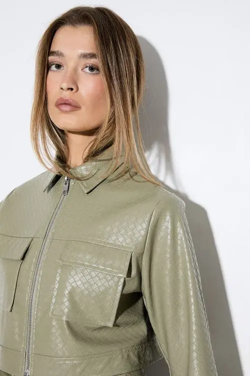 MISSPAP Woven Detail Faux Leather Cropped Jacket