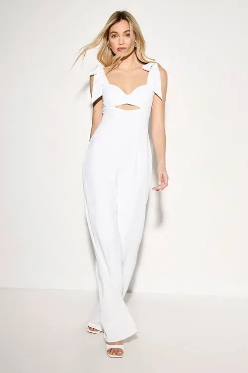 MISSPAP Bow Shoulder Wide Leg Jumpsuit - White