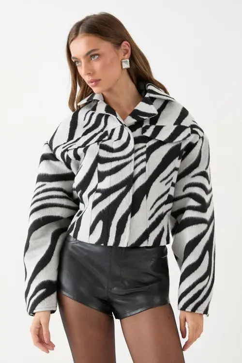 MISSPAP Zebra Cropped Collared Jacket