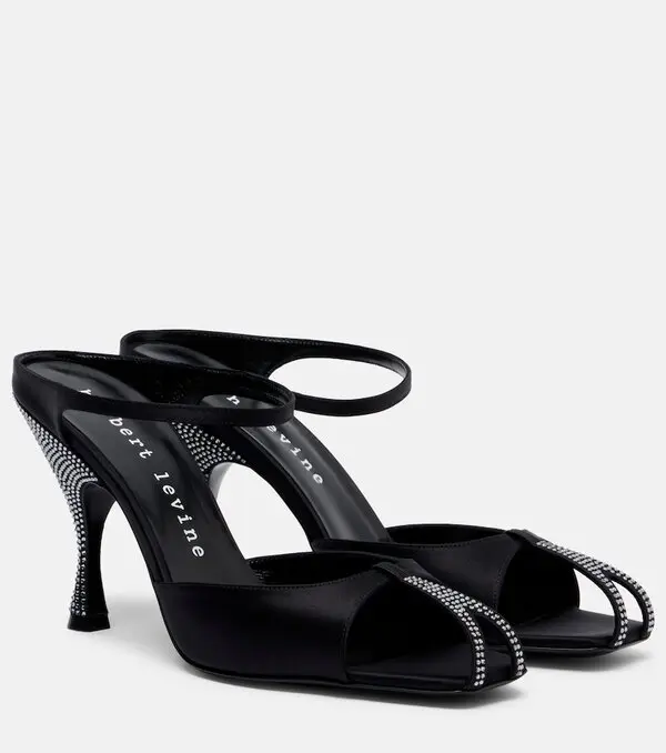 HERBERT LEVINE Embellished Satin Mules - Black