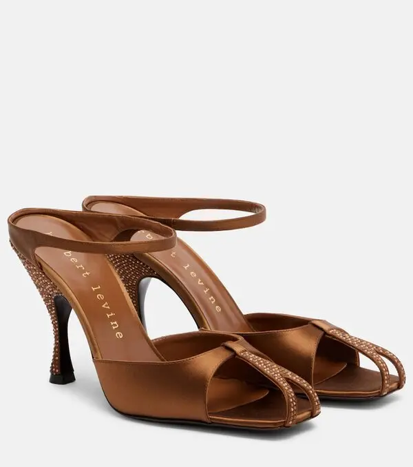HERBERT LEVINE Embellished Satin Mules - Brown