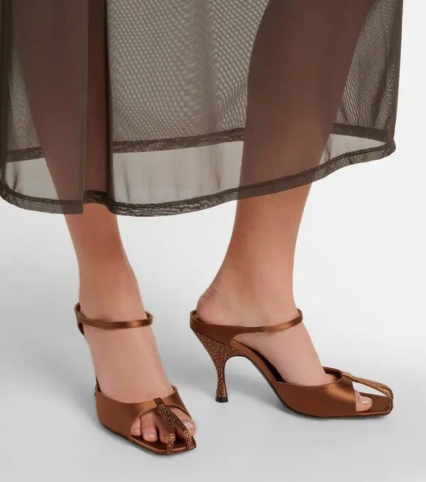 HERBERT LEVINE Embellished Satin Mules - Brown
